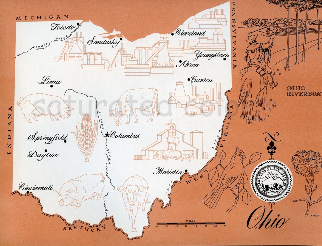 Ohio Map Vintage - High Res DIGITAL IMAGE 1960s Picture Map - Fun Retro ...