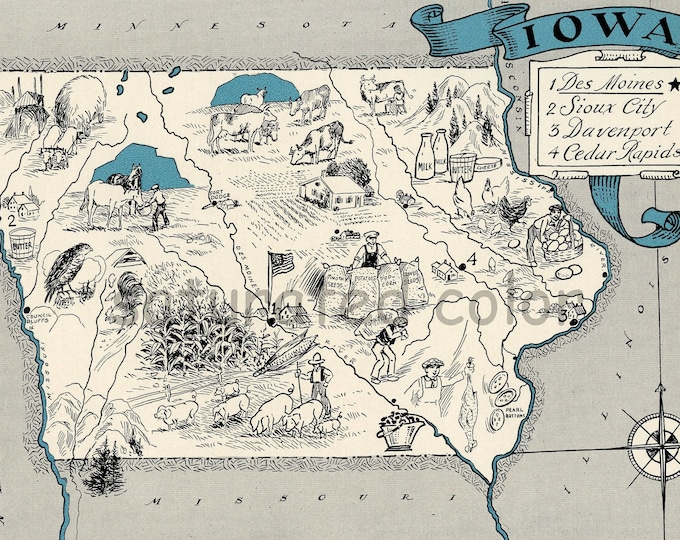 Fun Iowa Map Vintage Map Art High Res DIGITAL IMAGE of a 1930s Vintage ...