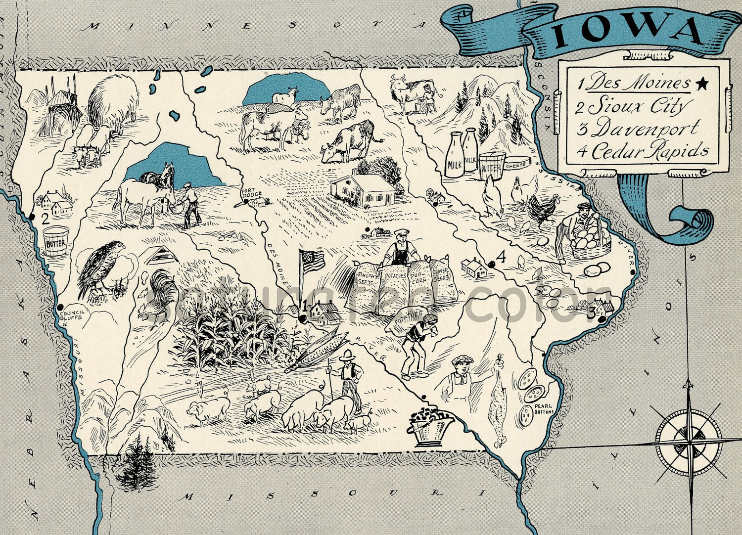 Fun Iowa Map Vintage - Map Art - High Res DIGITAL IMAGE of a 1930s ...