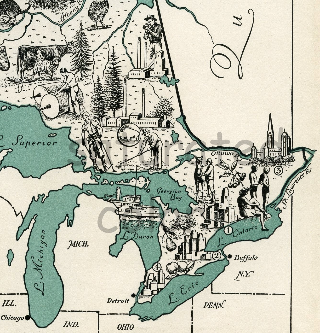 Ontario Canada Map Art - High Res DIGITAL IMAGE of a 1940s Vintage ...