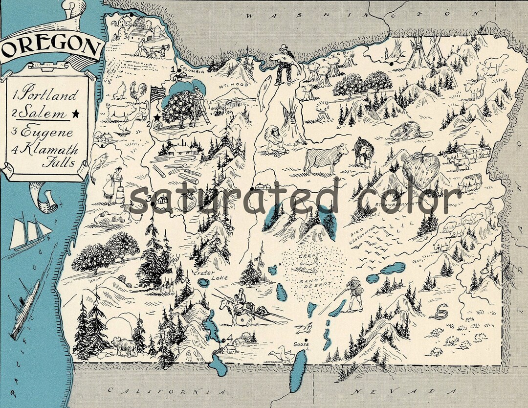 Oregon Map - Map Art - High Res DIGITAL IMAGE of a 1930s Vintage ...