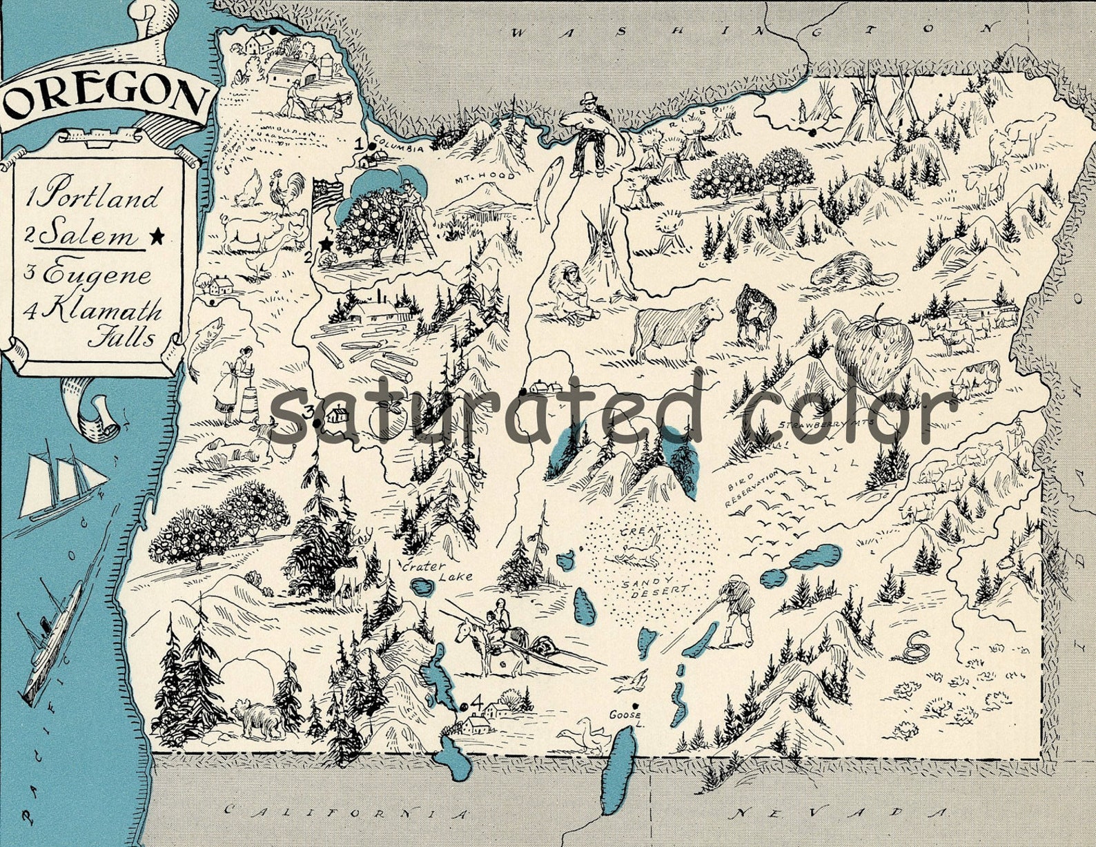 Oregon Map - Map Art - High Res DIGITAL IMAGE of a 1930s Vintage ...