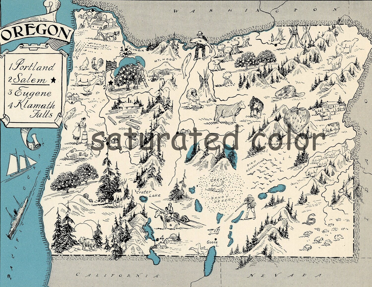 Oregon Map - Map Art - High Res DIGITAL IMAGE of a 1930s Vintage ...