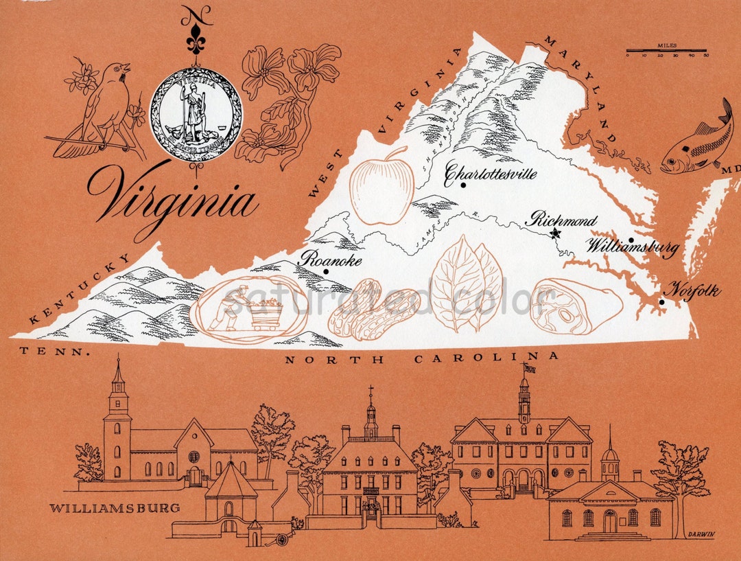 Virginia Map Vintage - High Res DIGITAL IMAGE 1960s Picture Map - Fun ...