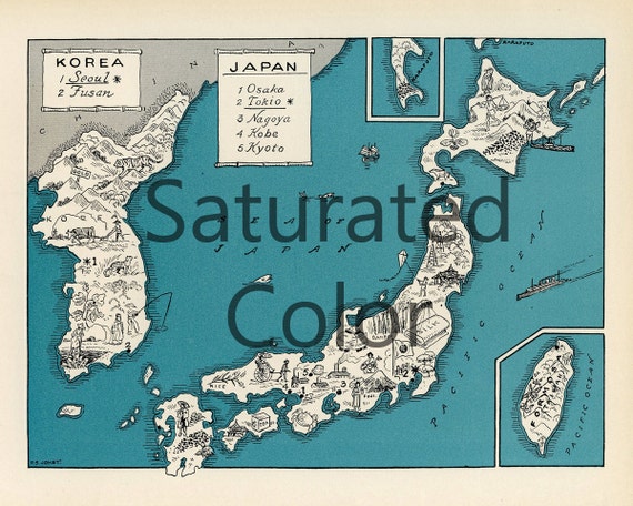 JAPAN KOREA Map Digital Download vintage picture map DIY | Etsy