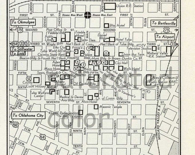 Tulsa OK Oklahoma Map Vintage 1950s Original Heart of Tulsa OK ...