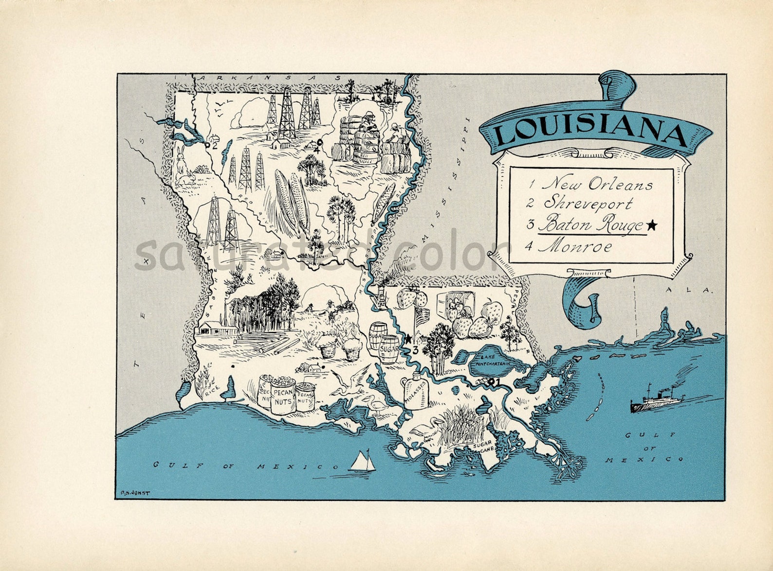 Louisiana Map - Map Art - High Res DIGITAL IMAGE of a 1930s Vintage ...