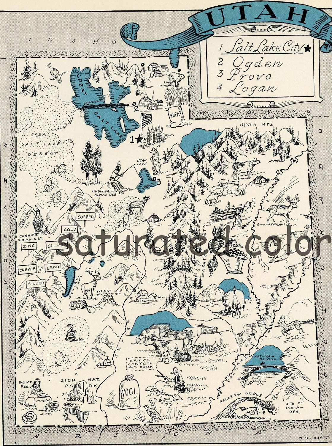 Utah Map - Map Art - High Res DIGITAL IMAGE of a 1930s Vintage Picture ...