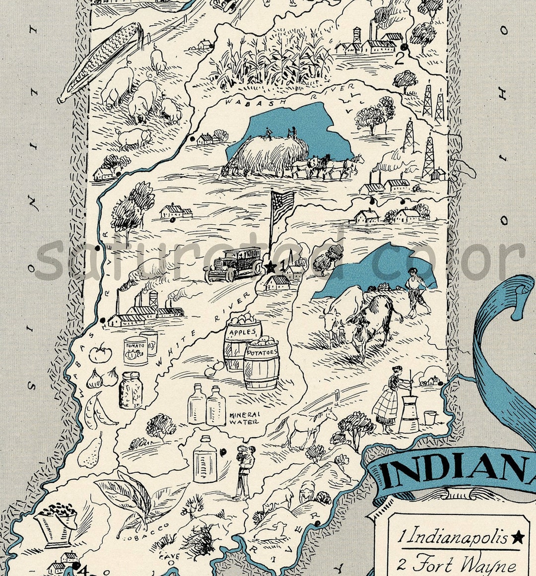 Indiana Map - Map Art - High Res DIGITAL IMAGE of a 1930s Vintage ...
