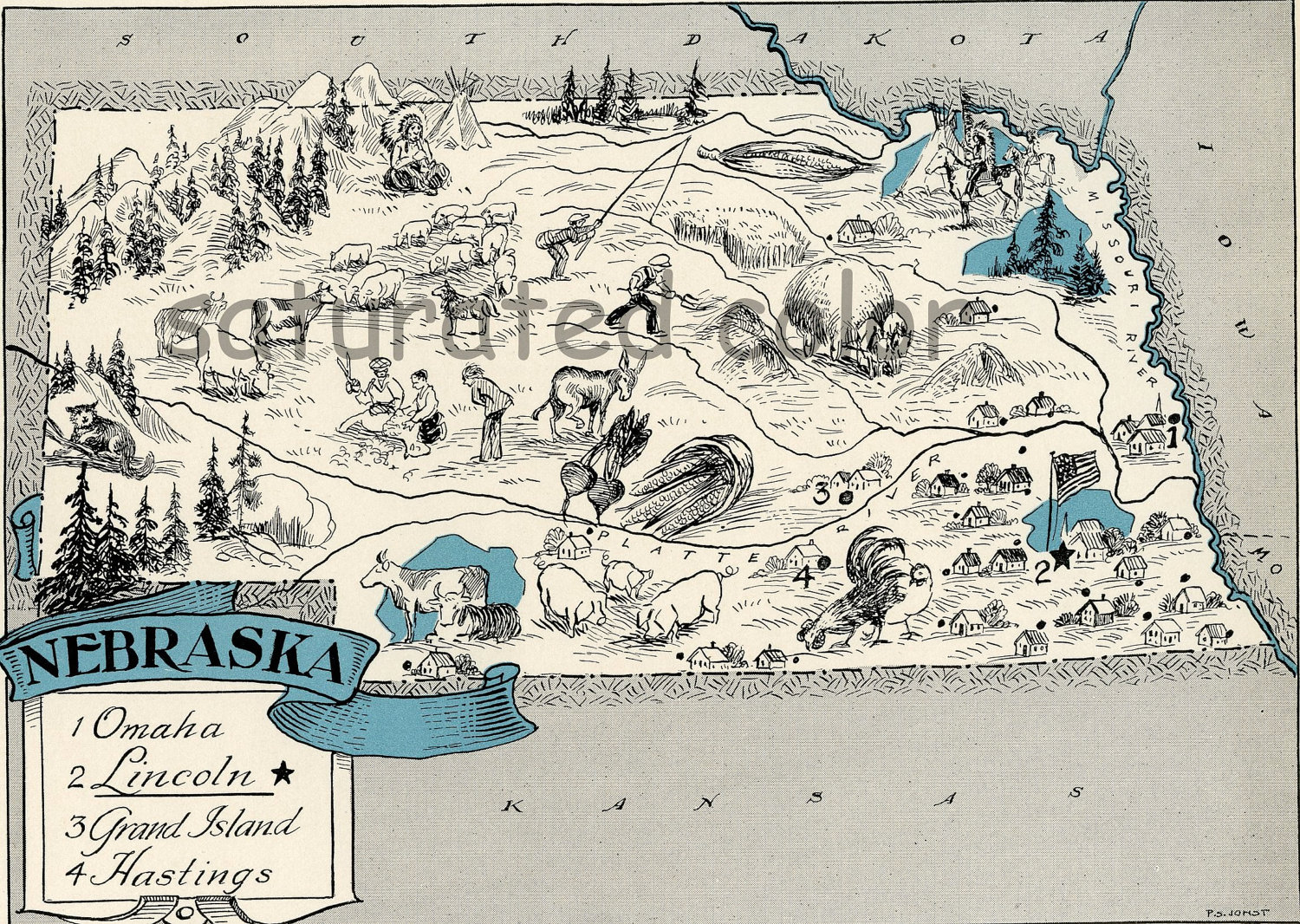 Nebraska Map - Map Art - High Res DIGITAL IMAGE of a 1930s Vintage ...