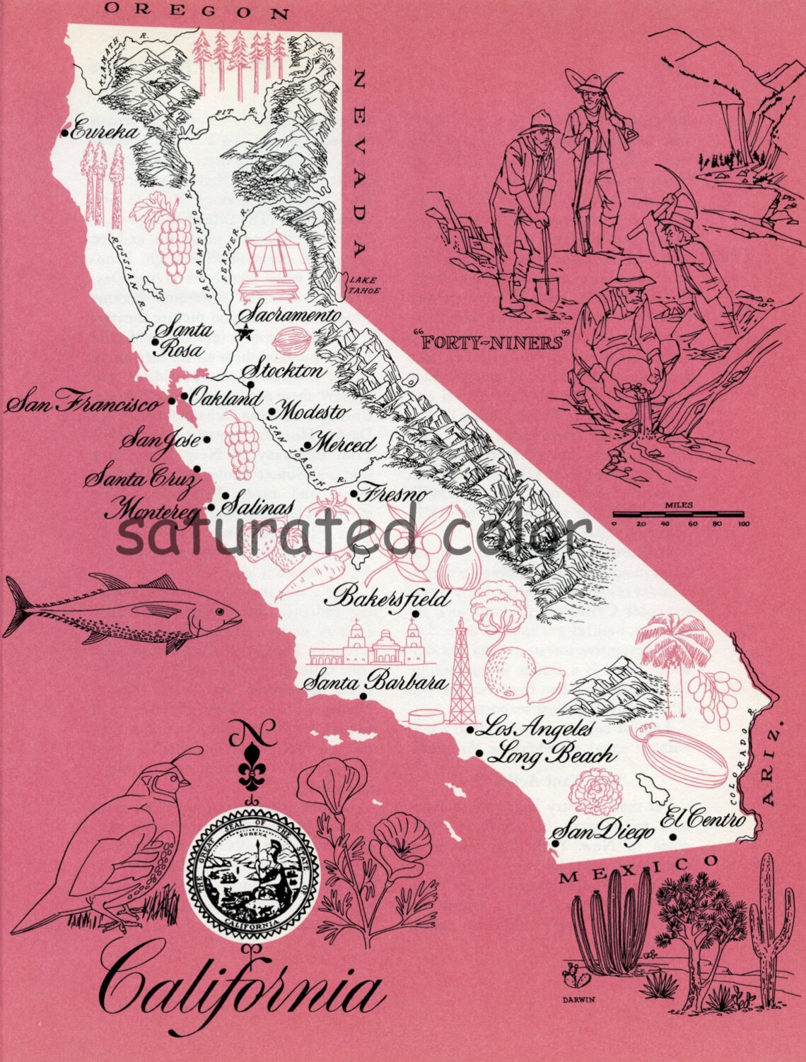 California Map Vintage - High Res DIGITAL IMAGE 1960s Picture Map - Fun ...