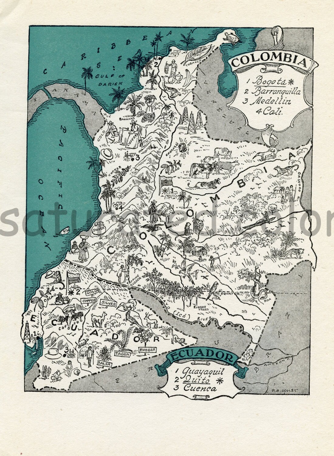Columbia Ecuador Map - High Res DIGITAL IMAGE of a 1930s South America ...