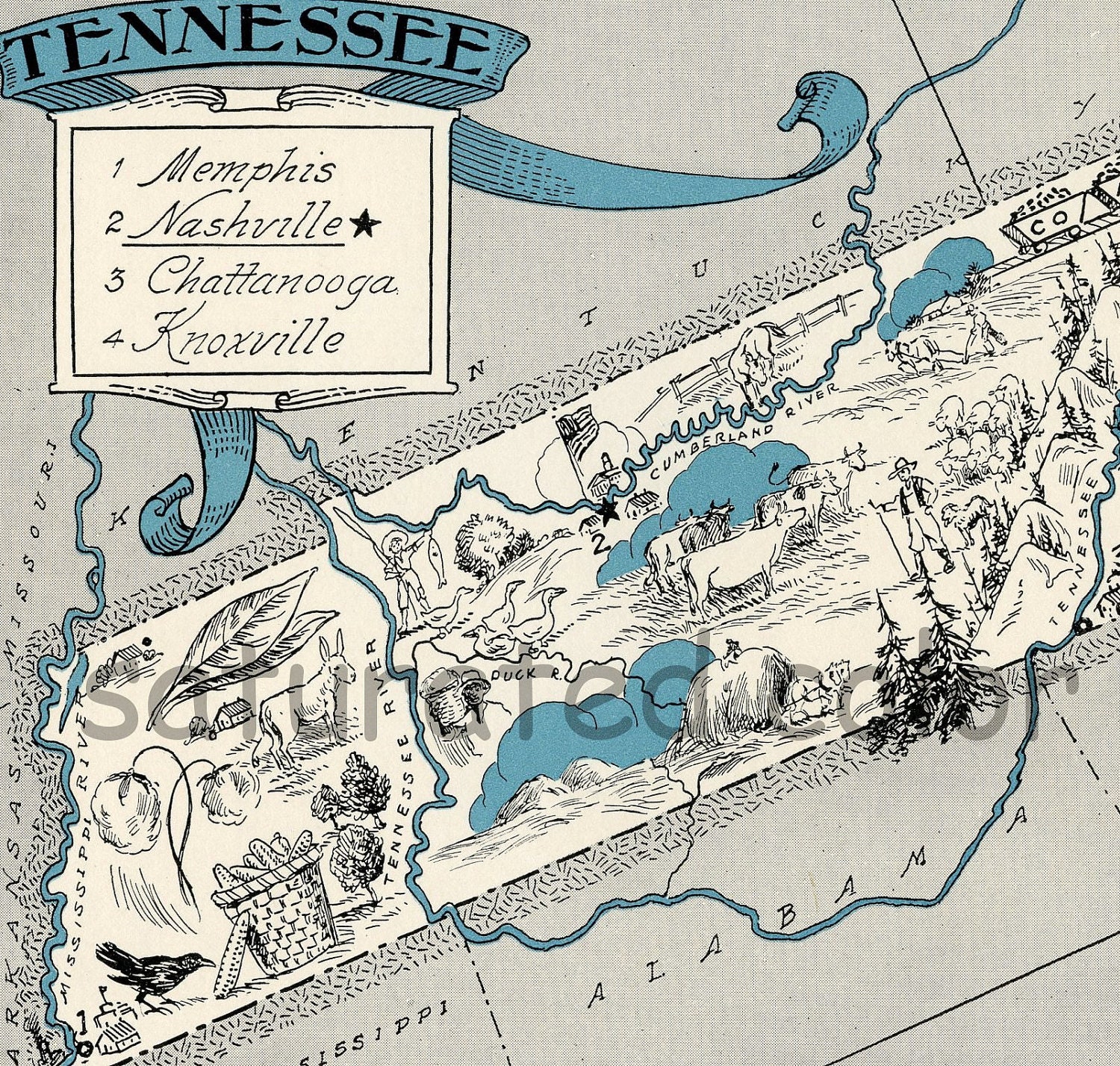 Tennessee Map - Map Art - High Res DIGITAL IMAGE of a 1930s Vintage ...