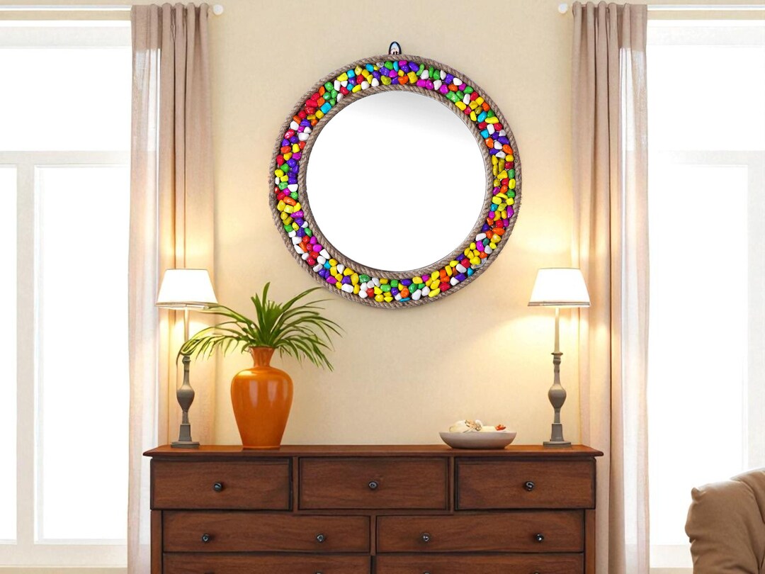 Colorful Pebble Mirror: Round Rope Frame, Boho Coastal Decor, Bathroom ...