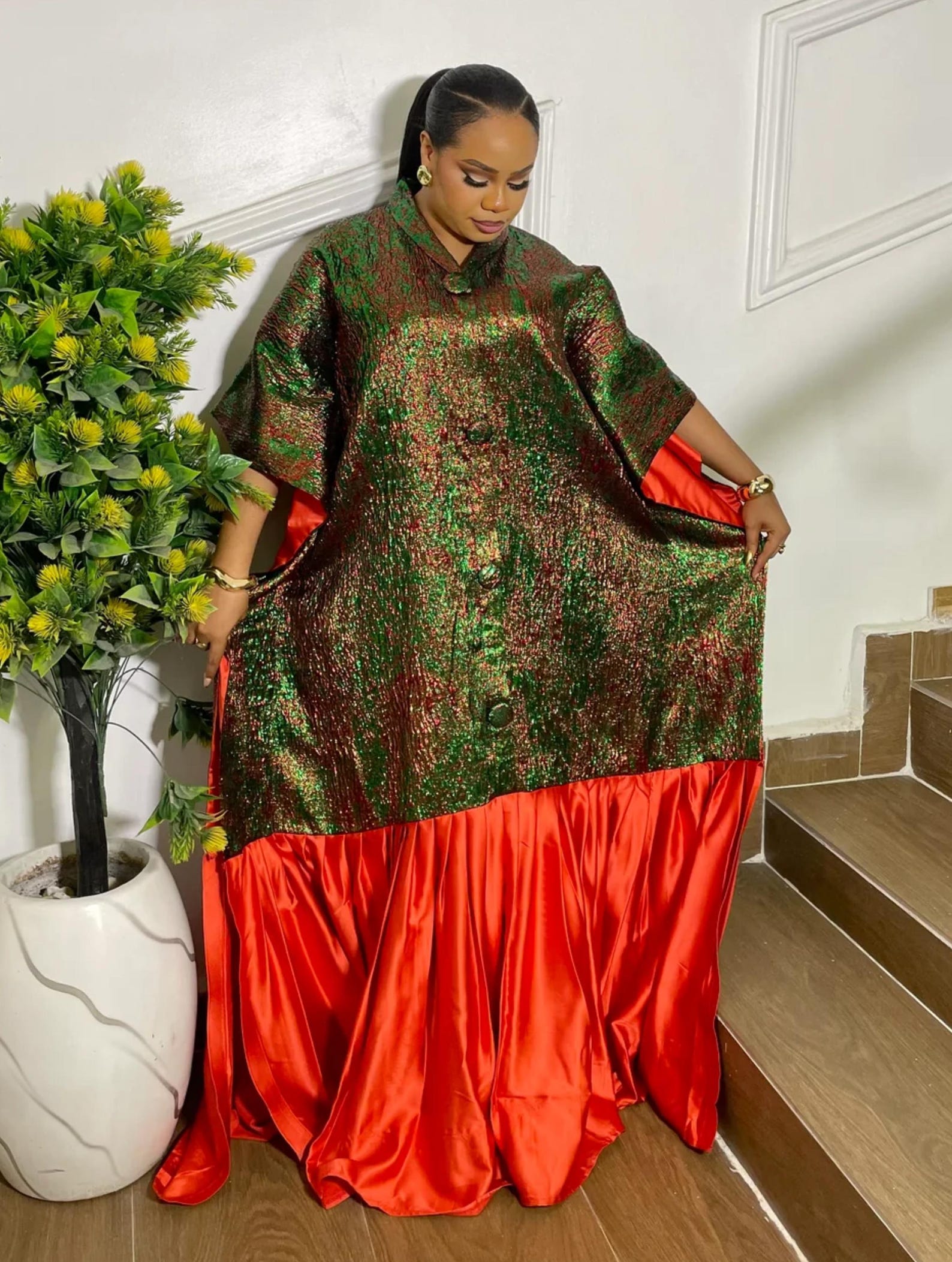 Queen Mother Brocade Bubu – Green & Orange Butterfly Kaftan Dress With ...