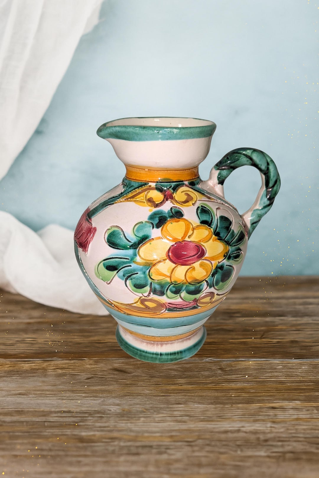 Vintage Italian Majolica Pitcher: Hand-painted Floral Ceramic Jug ...