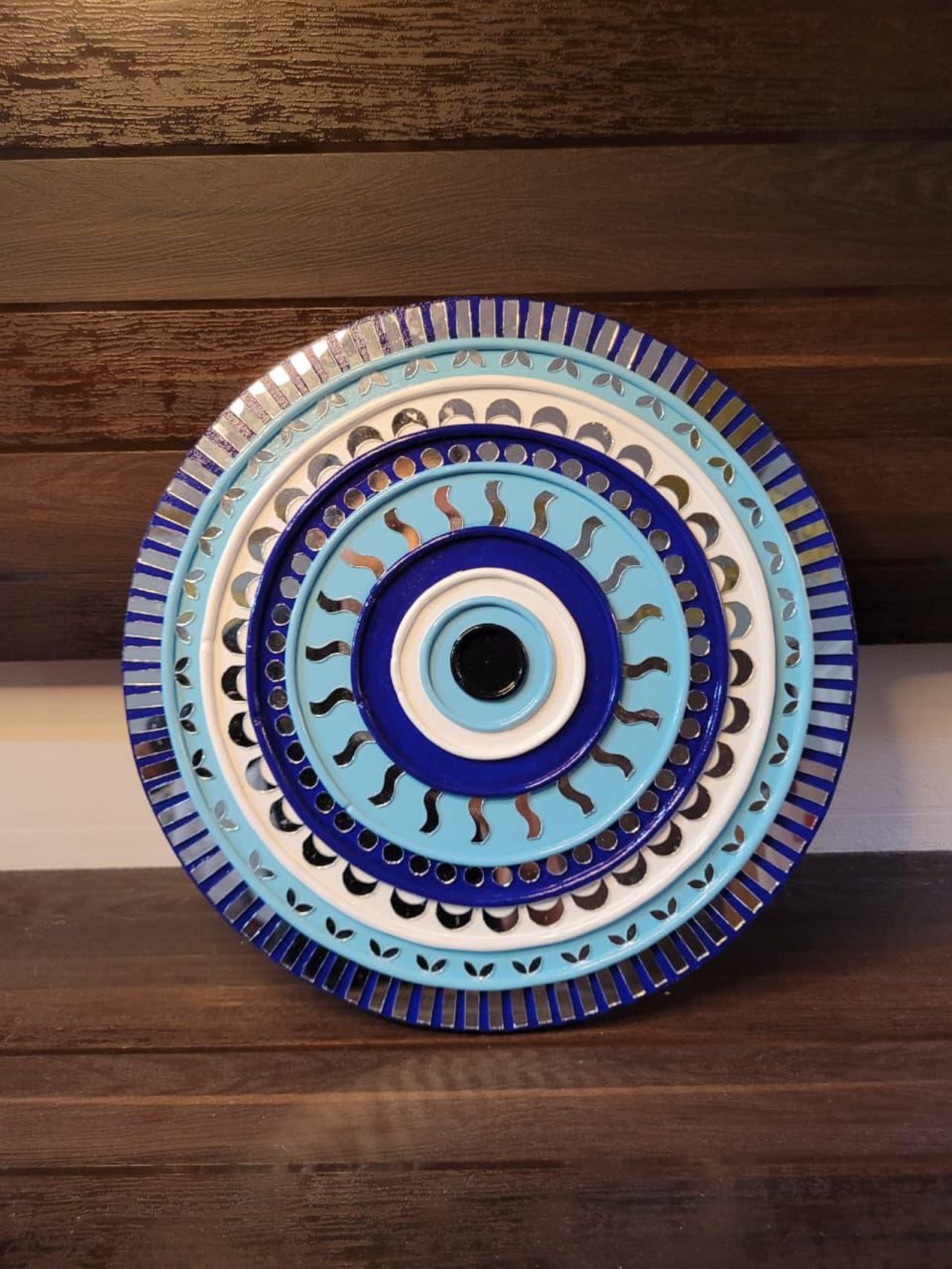 Handmade Evil Eye Lippan Art Set | Blue & White Mud Mirror Wall Decor ...