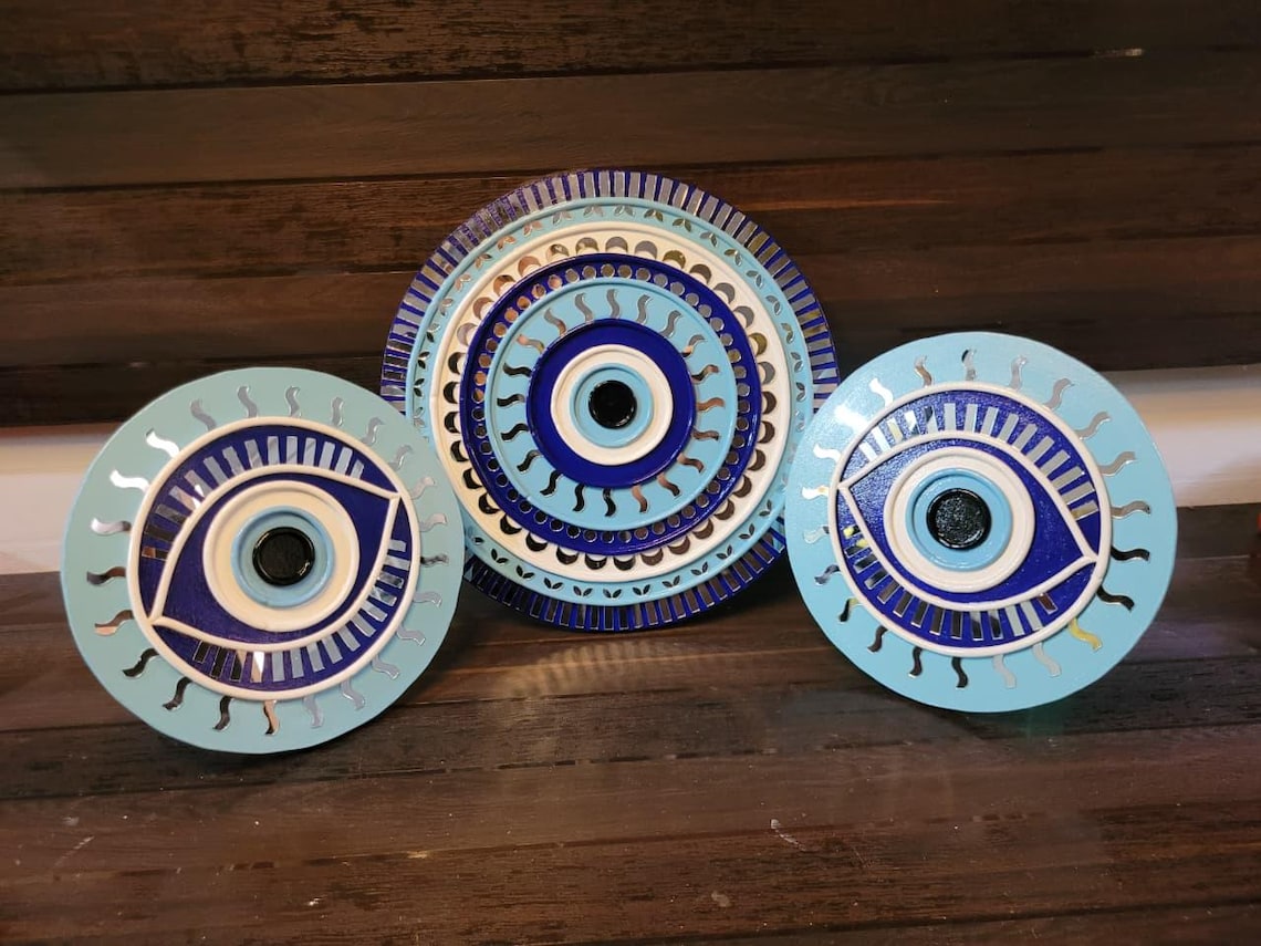 Handmade Evil Eye Lippan Art Set | Blue & White Mud Mirror Wall Decor ...