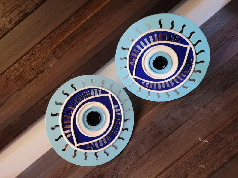 Handmade Evil Eye Lippan Art Set | Blue & White Mud Mirror Wall Decor ...