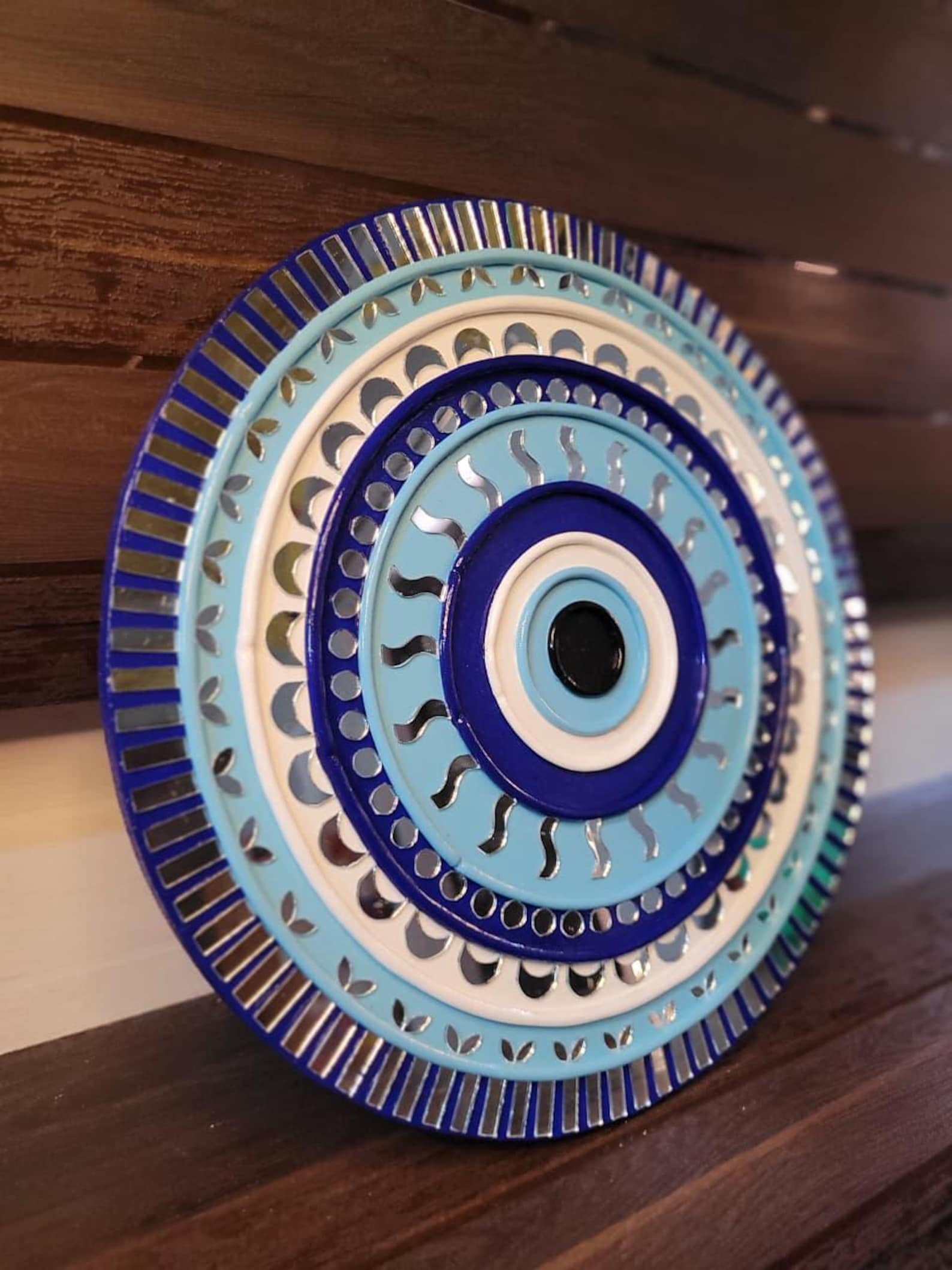 Handmade Evil Eye Lippan Art Set | Blue & White Mud Mirror Wall Decor ...