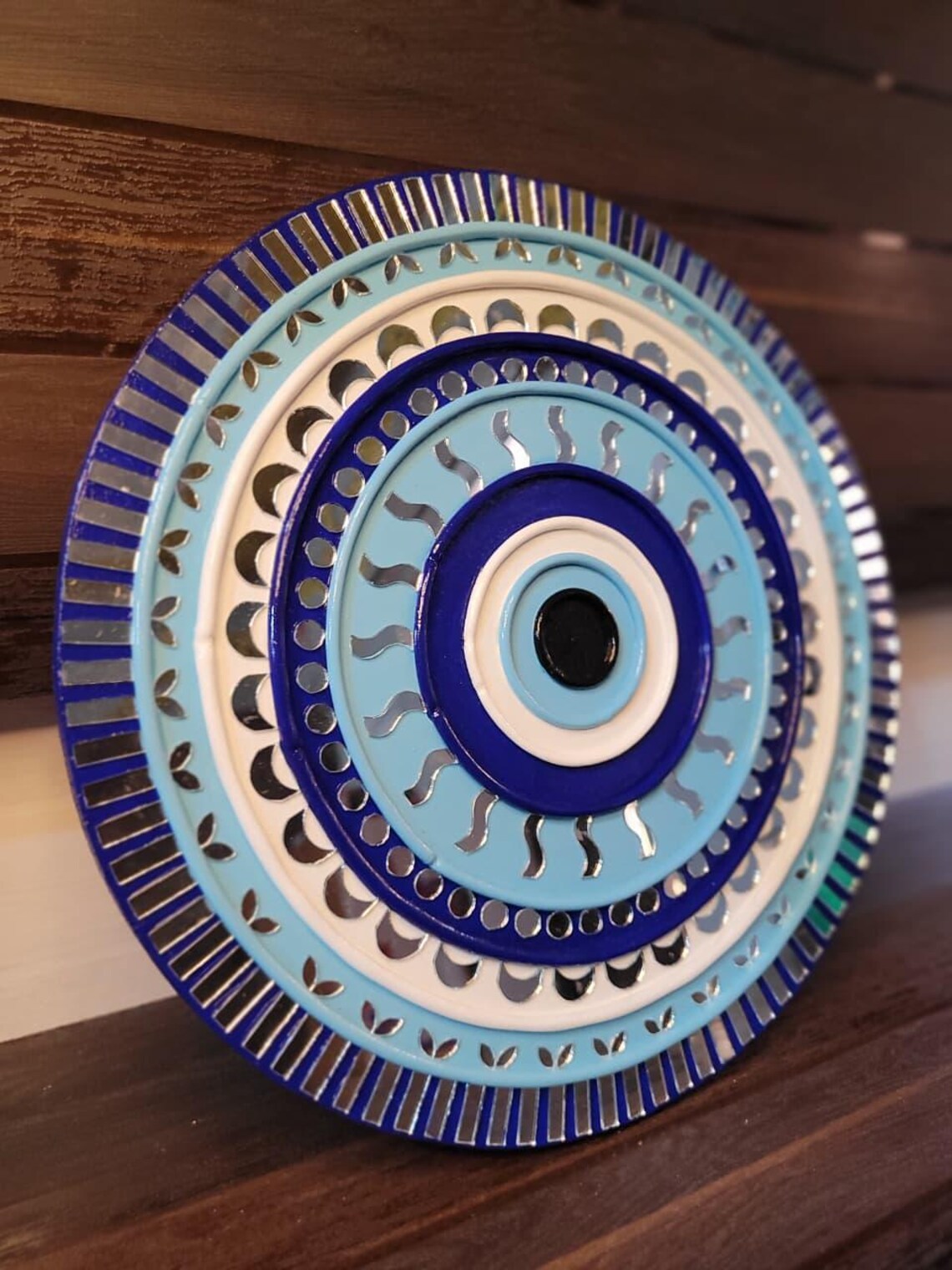 Handmade Evil Eye Lippan Art Set | Blue & White Mud Mirror Wall Decor ...