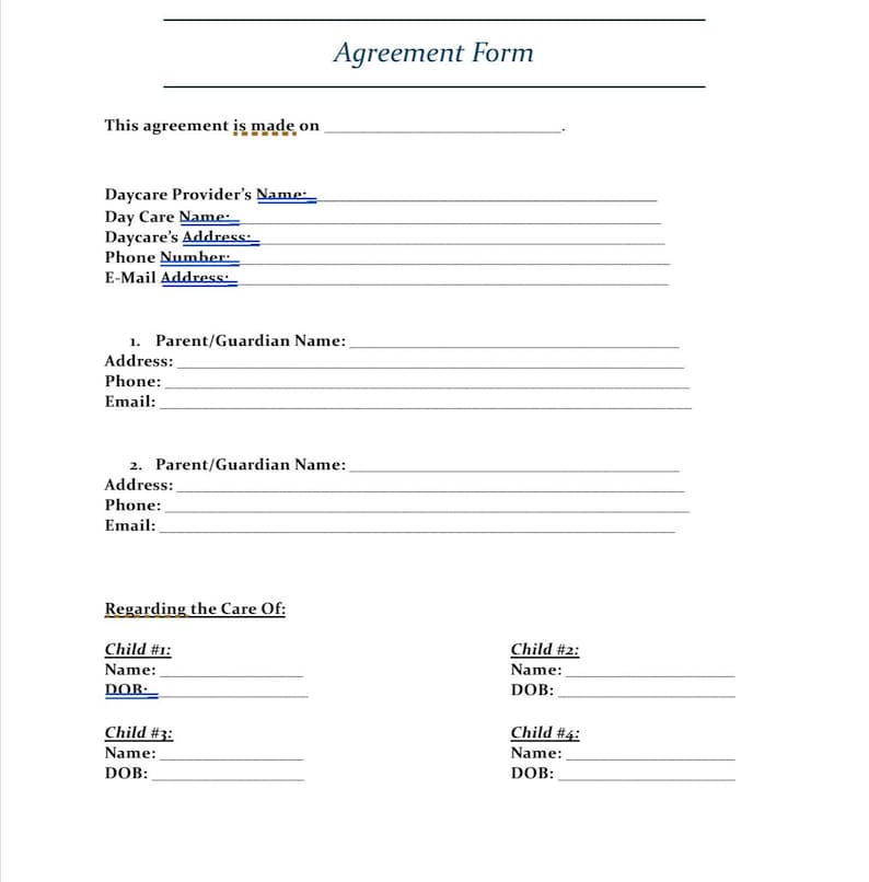 Daycare Agreement Form | Editable Word Document | Childcare Contract ...