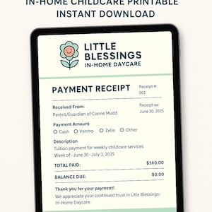 Editable Daycare Payment Receipt Template | In-home Childcare Printable ...