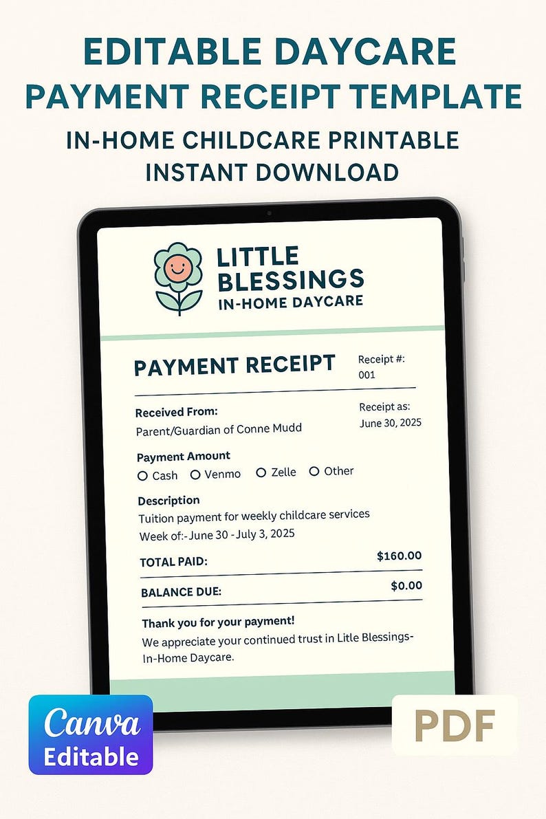 Editable Daycare Payment Receipt Template | In-home Childcare Printable ...