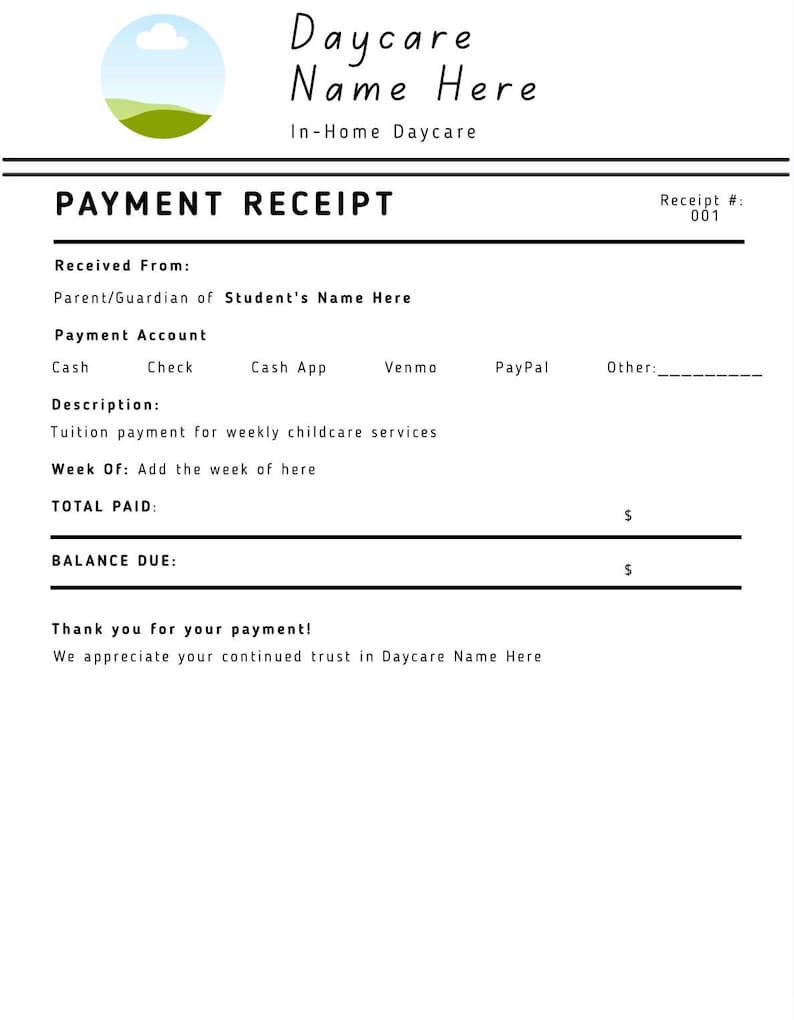 Editable Daycare Payment Receipt Template | In-home Childcare Printable ...