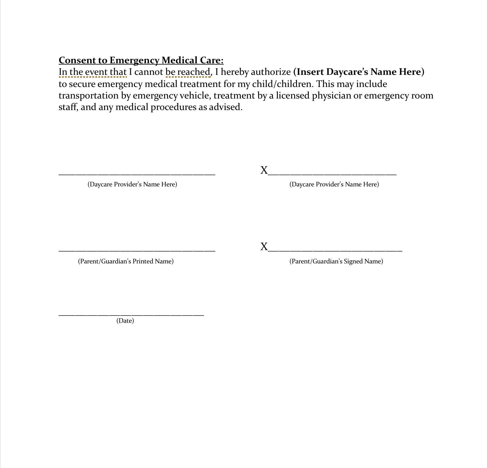 Daycare Emergency Contact & Consent Form | Editable Word Document ...