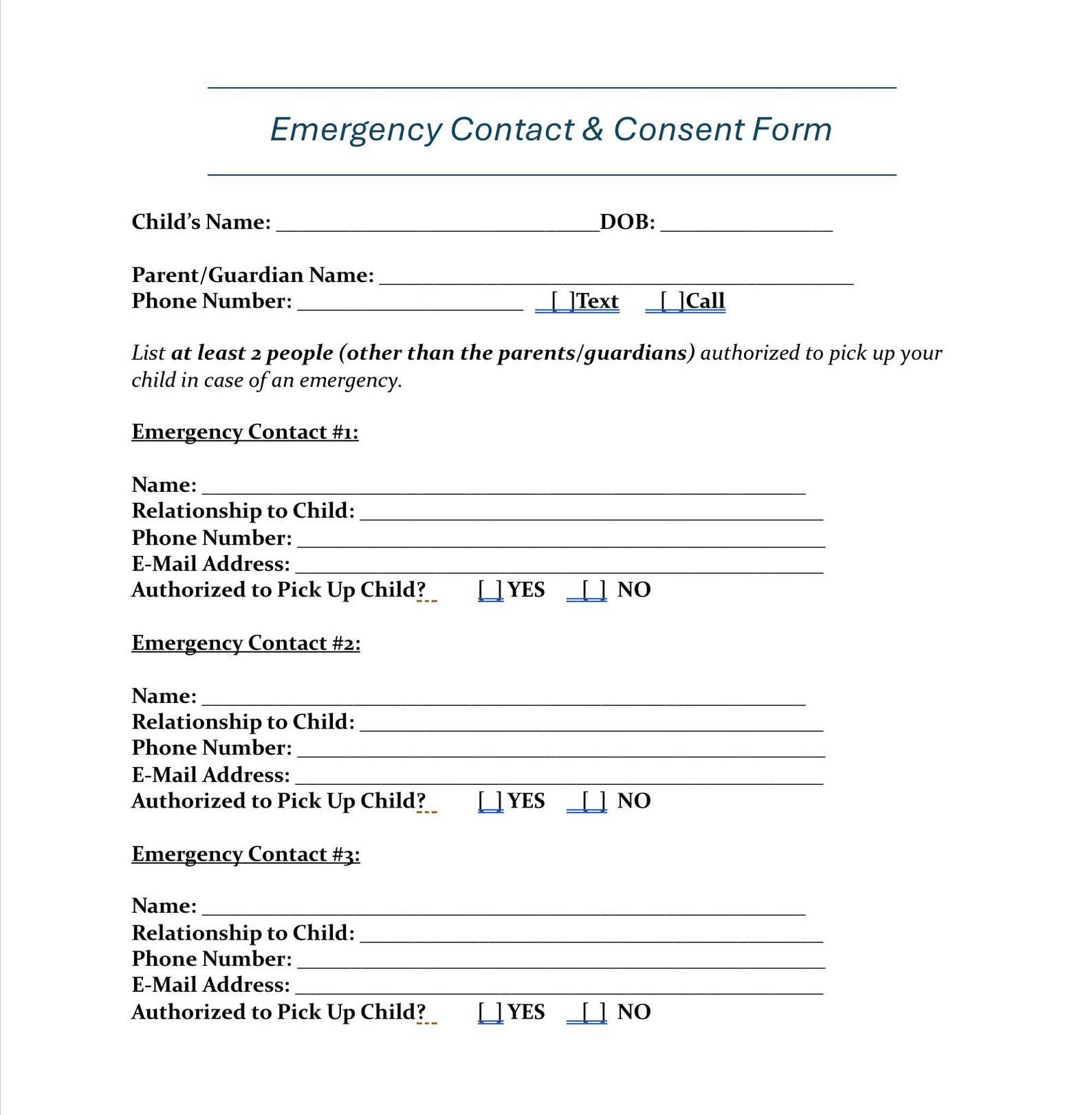 Daycare Emergency Contact & Consent Form | Editable Word Document ...