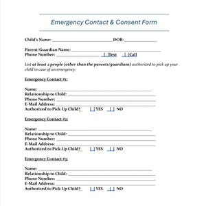Daycare Emergency Contact & Consent Form | Editable Word Document ...