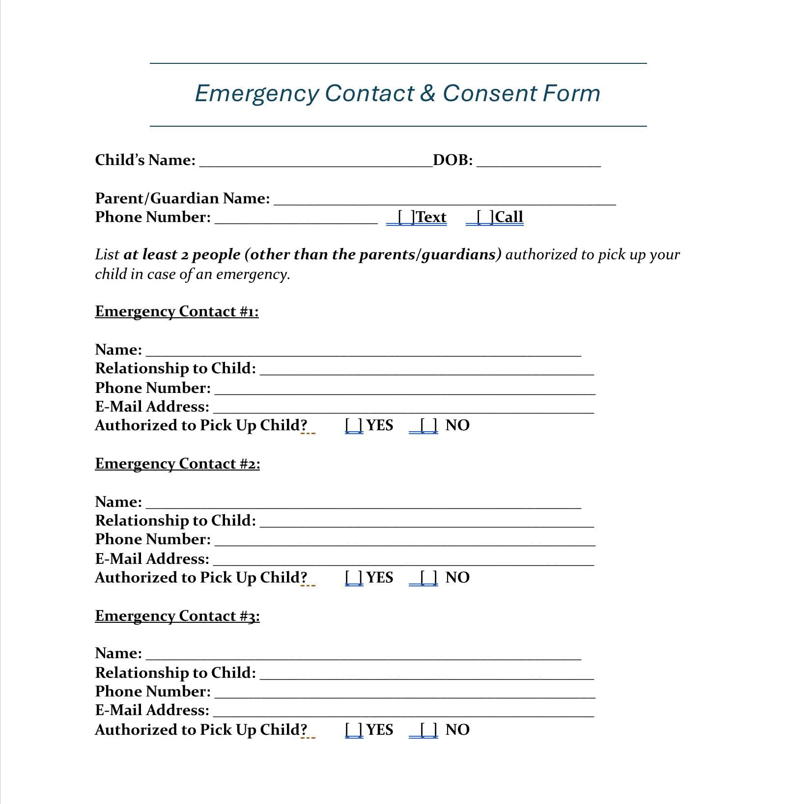 Daycare Emergency Contact & Consent Form | Editable Word Document ...