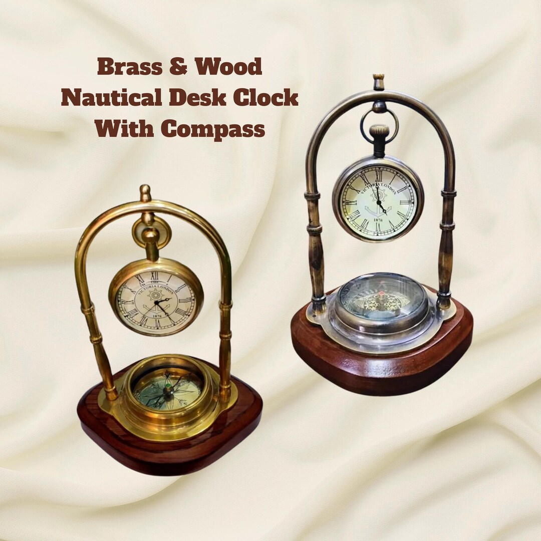 Antique Brass Nautical Desk Clock With Wooden Base – Vintage Compass ...