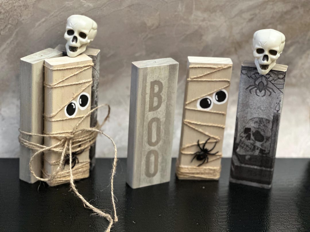 Spooky Halloween Wood Block Set- Mummy, Skull, BOO Rustic Shelf Sitters ...