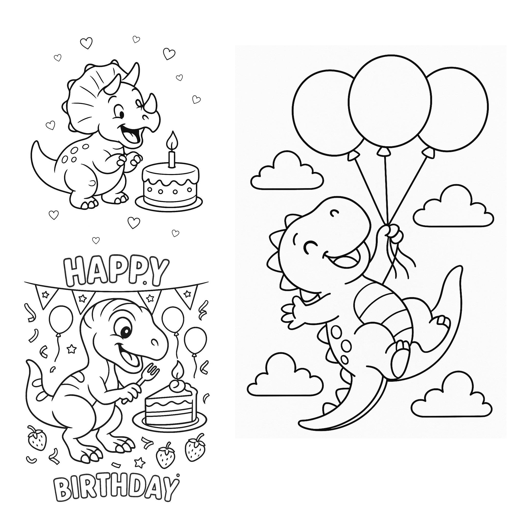 Dinosaur Birthday Coloring Book – 10 Printable Pages for Kids | Cute ...