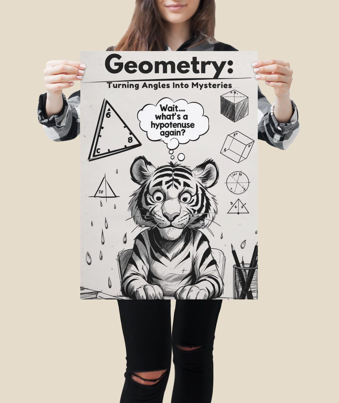 Funny Math Poster, Tiger Mascot Confused by Geometry, Classroom Wall ...