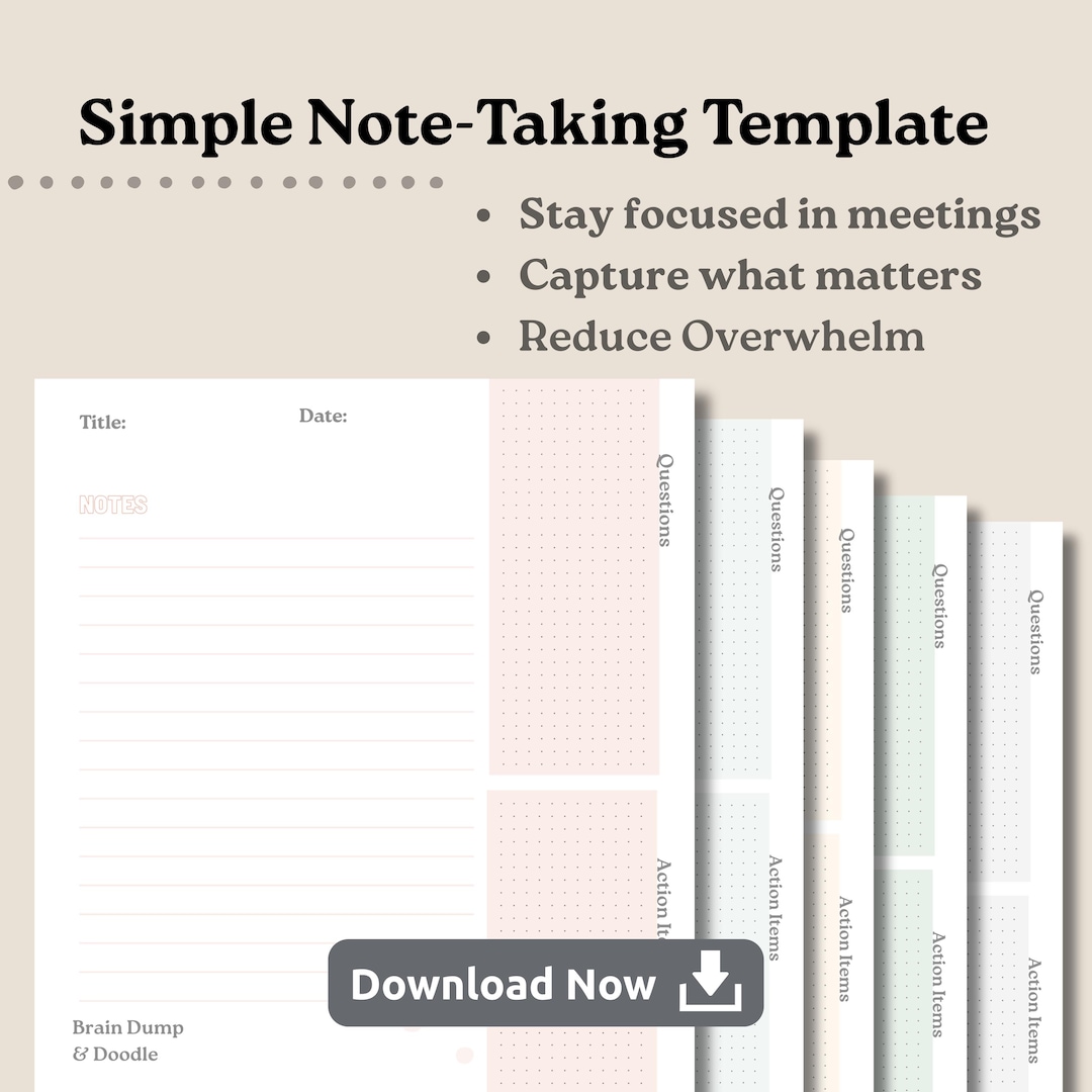Simple Meeting Notes Template PDF | Printable Minimalist Note-taking ...