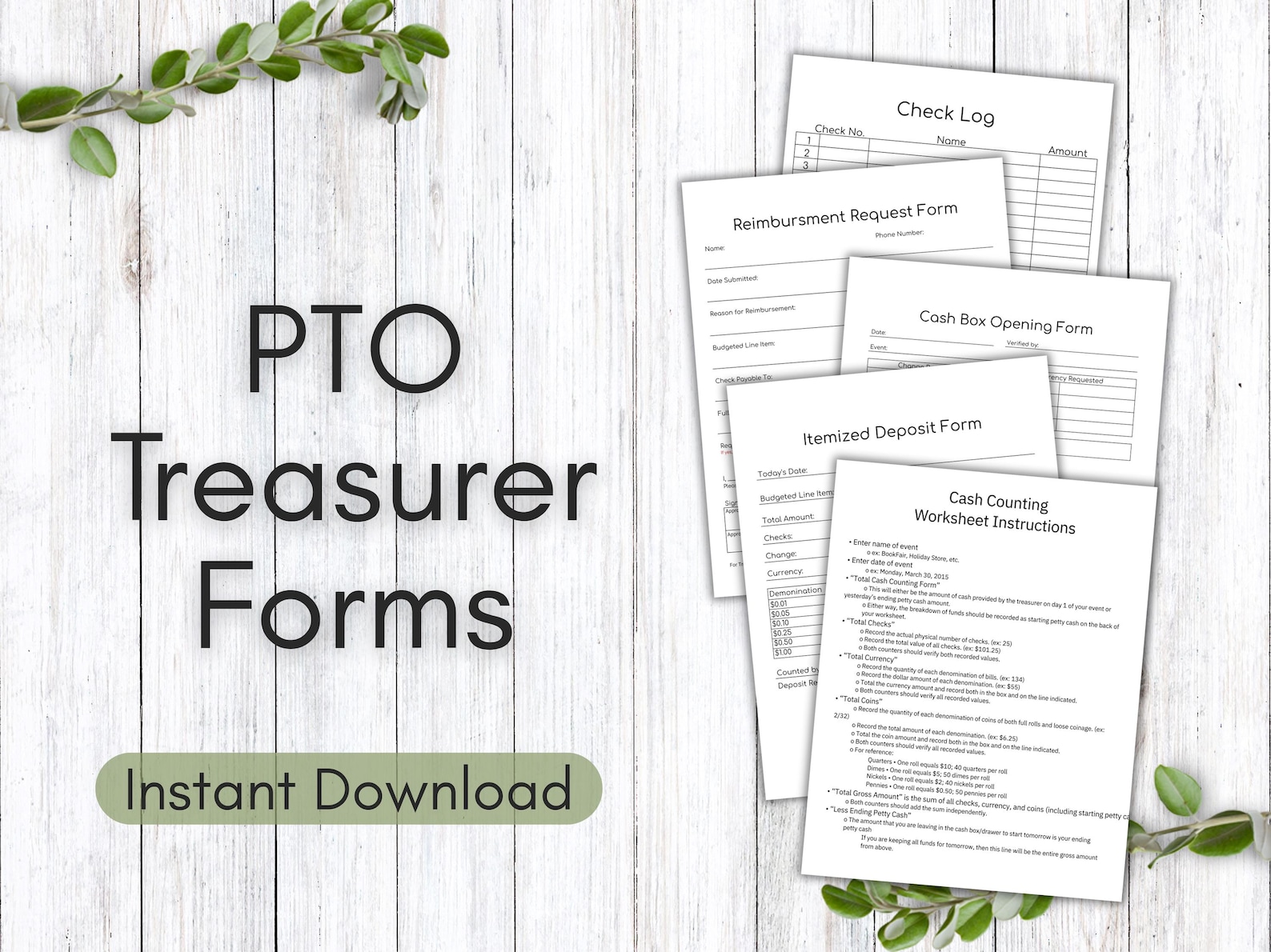 PTO/PTA Treasurer Forms, Instant Download Pdf's, Itemized Deposit Form ...