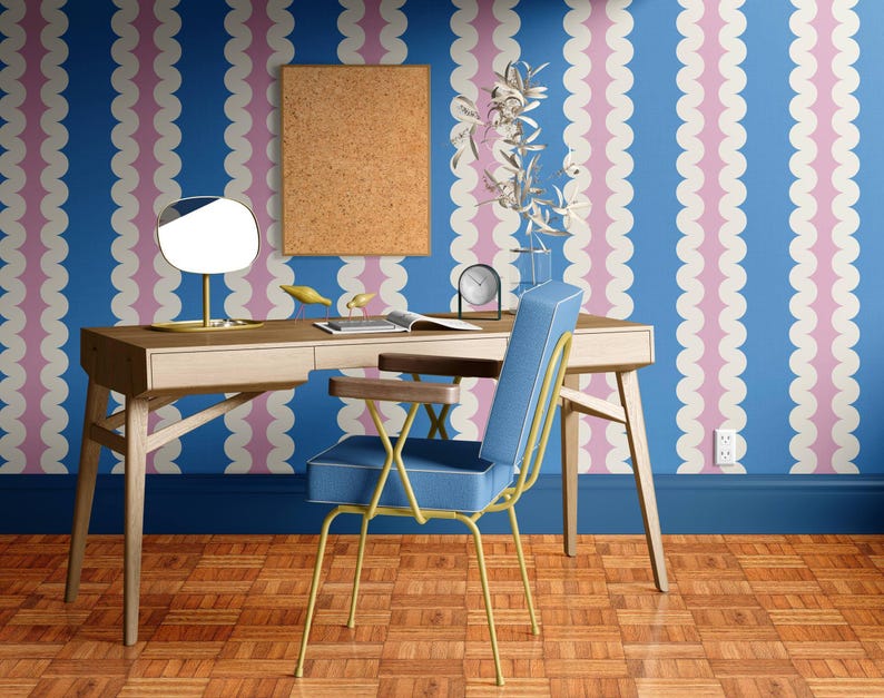 Jumbo Ric Rac Scalloped Stripe Wallpaper | Colourful Blue and Pink ...