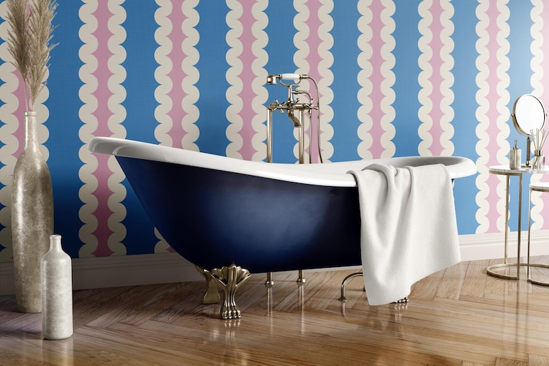 Jumbo Ric Rac Scalloped Stripe Wallpaper | Colourful Blue and Pink ...
