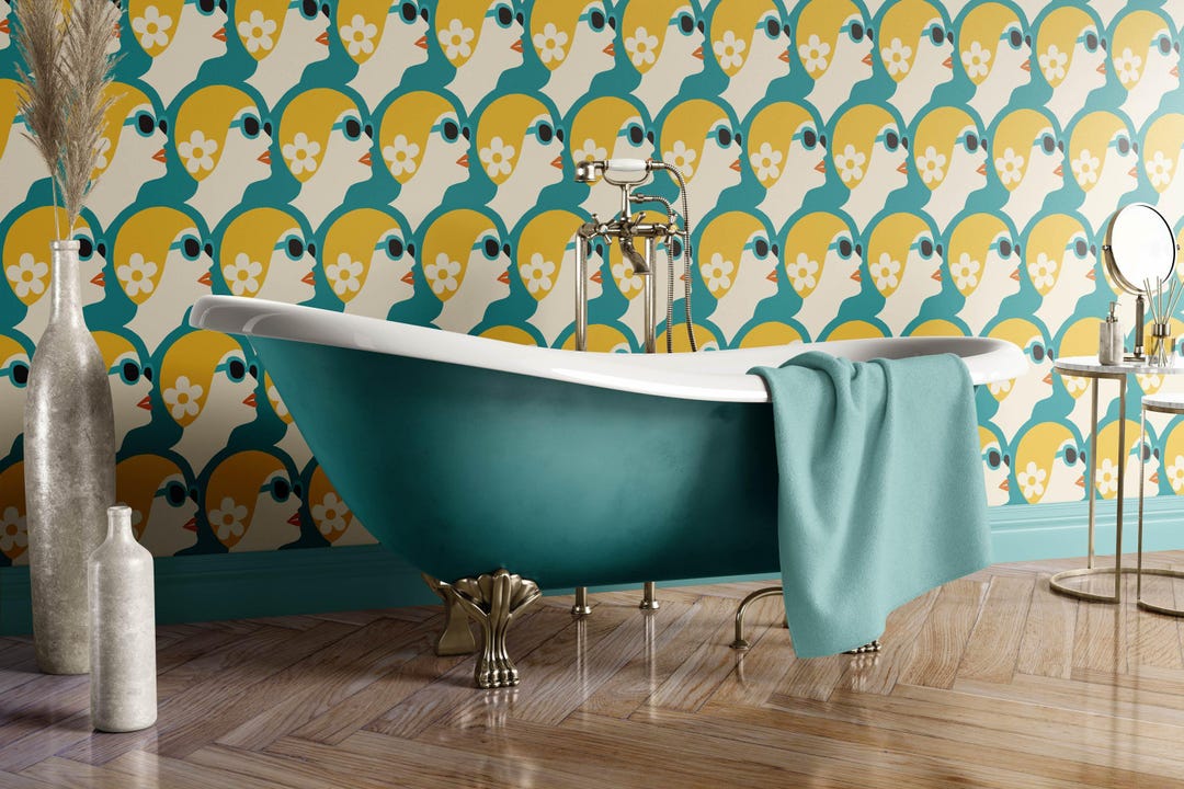Retro Swimmer Wallpaper | Teal and Mustard 60s Pop Art Women | Peel and ...