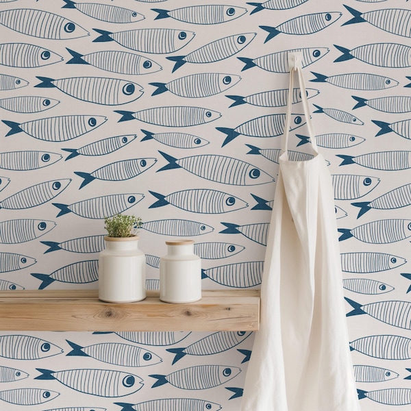 Navy Fish Wallpaper - Etsy UK