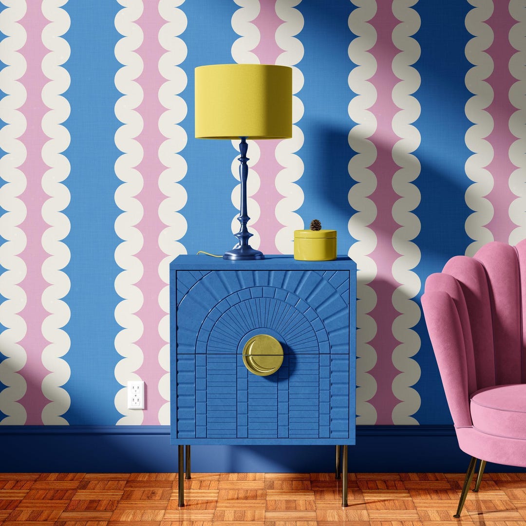 Jumbo Ric Rac Scalloped Stripe Wallpaper | Colourful Blue and Pink ...