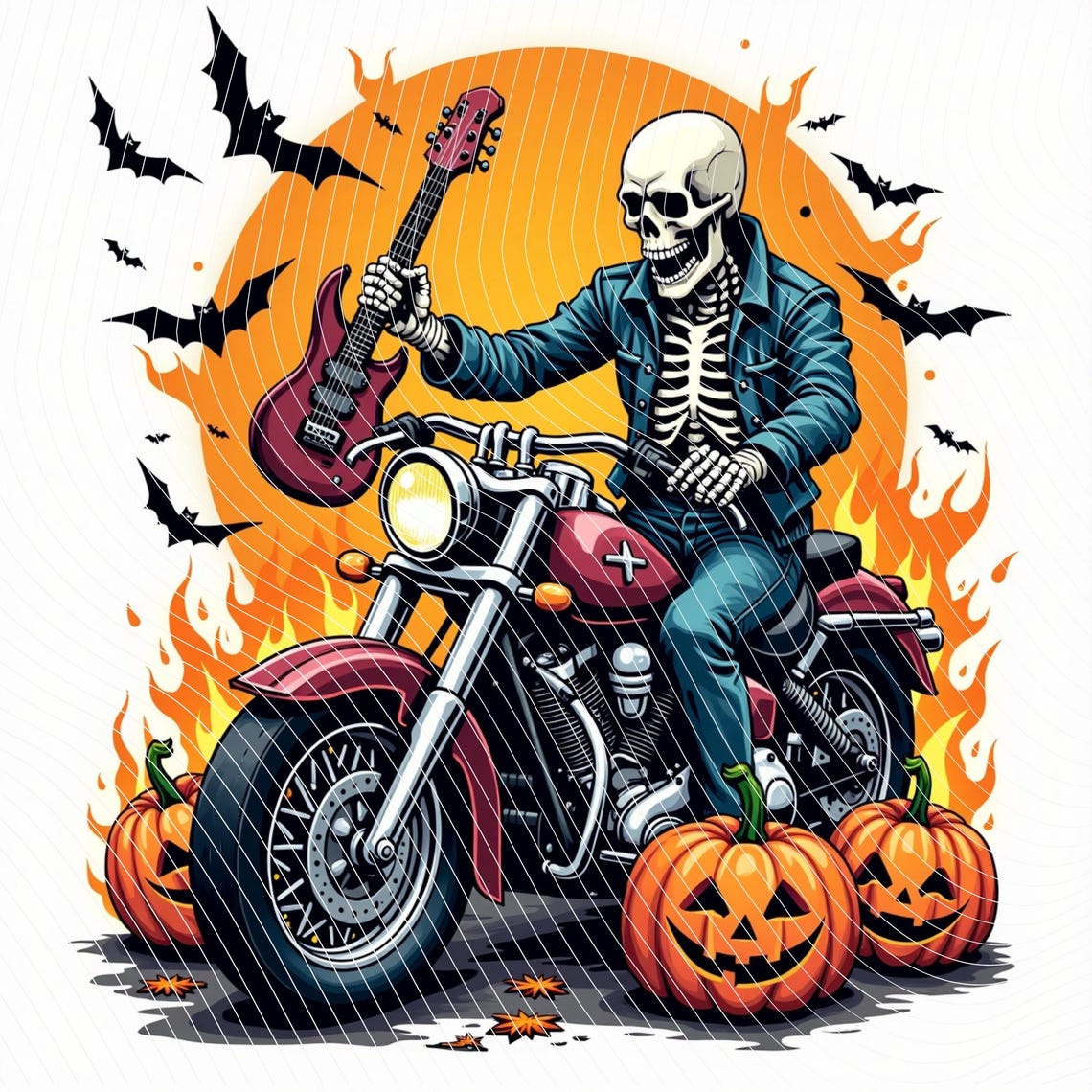 Halloween Biker Skeleton PNG | Motorcycle Rider With Pumpkins, Bats ...