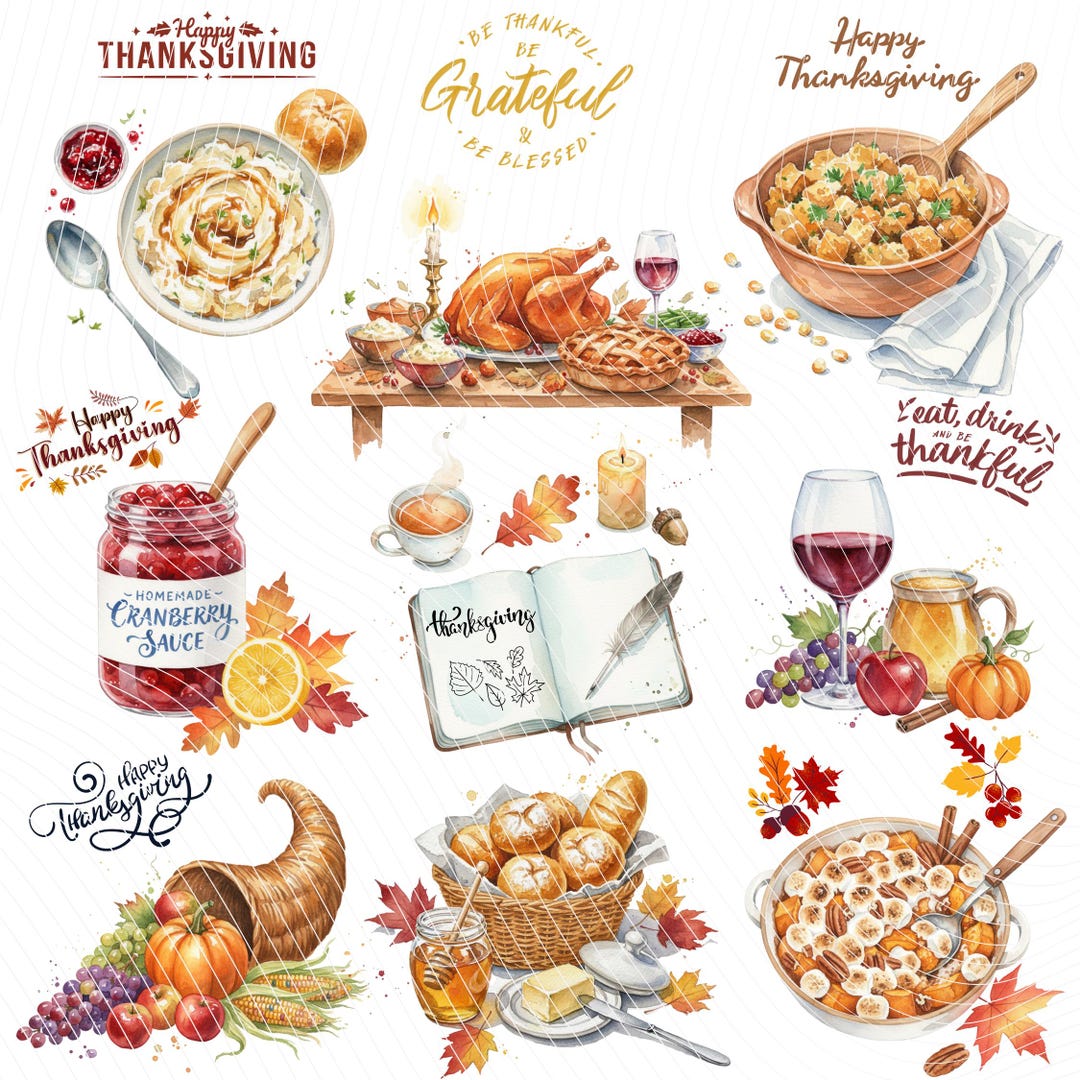 27 Thanksgiving PNG Bundle |fall Harvest - Turkey, Pumpkins, Pies ...