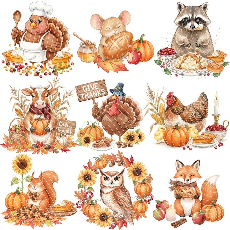 27 Thanksgiving Animals PNG Bundle |cute Fall Woodland Clipart With ...