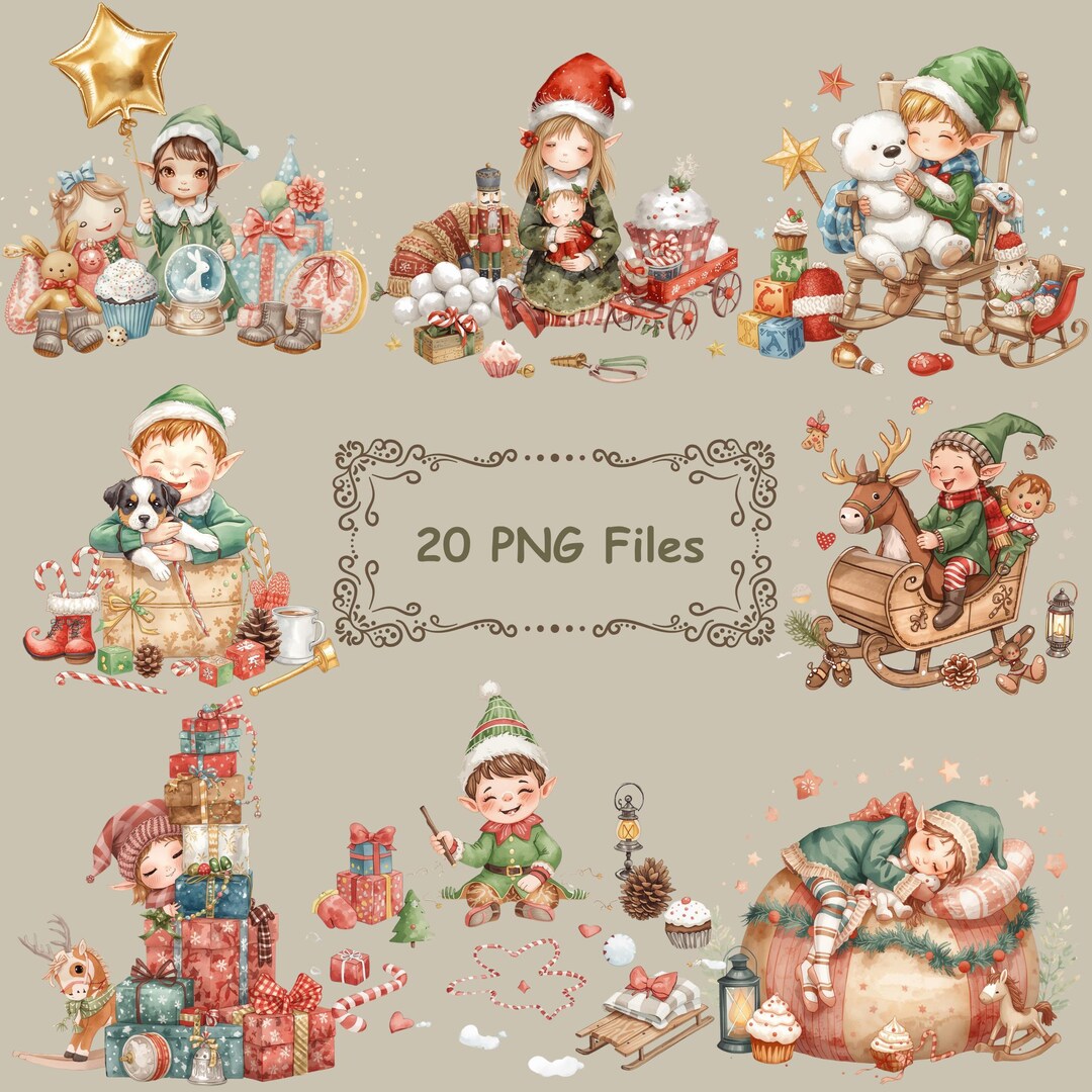 20 Childlike Cute Christmas Elf PNG Bundle |cute Watercolor Elf Clipart ...
