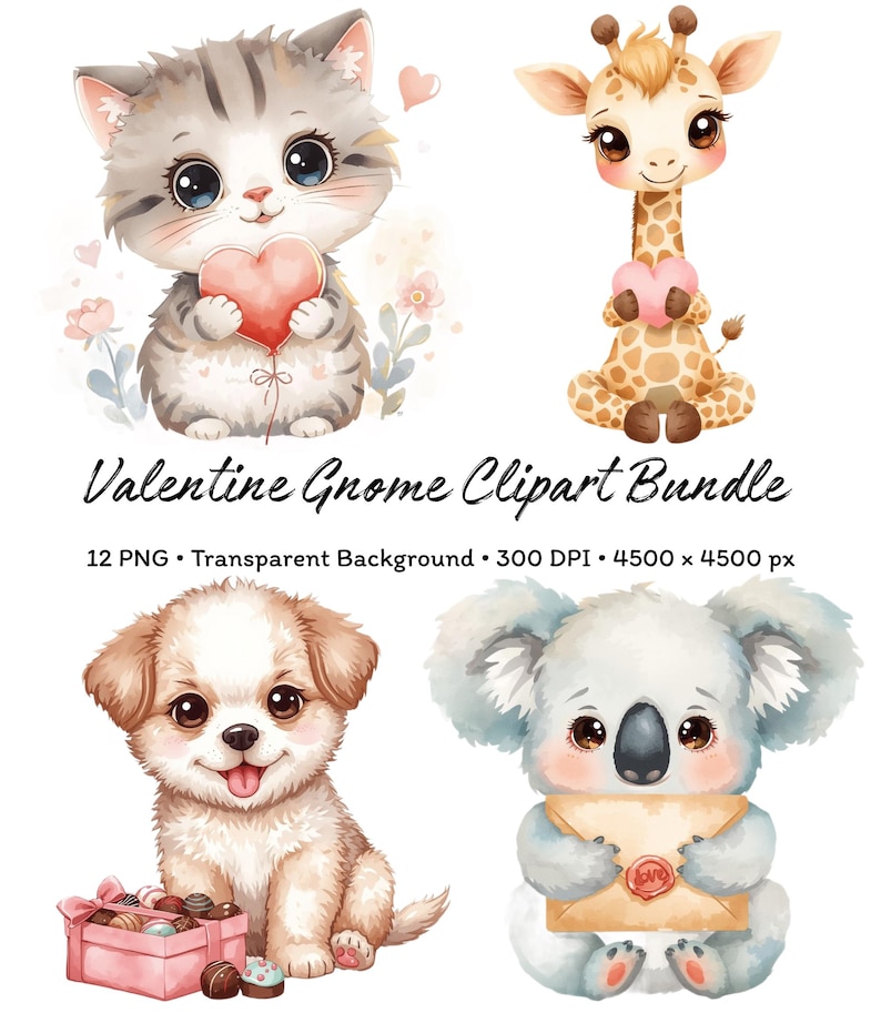 Valentine Cute Animals Clipart Bundle, Kawaii Baby Animals With Hearts ...
