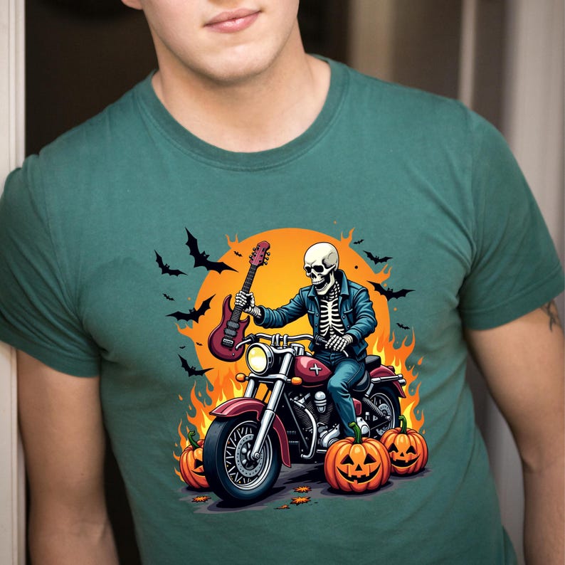 Halloween Biker Skeleton PNG | Motorcycle Rider With Pumpkins, Bats ...